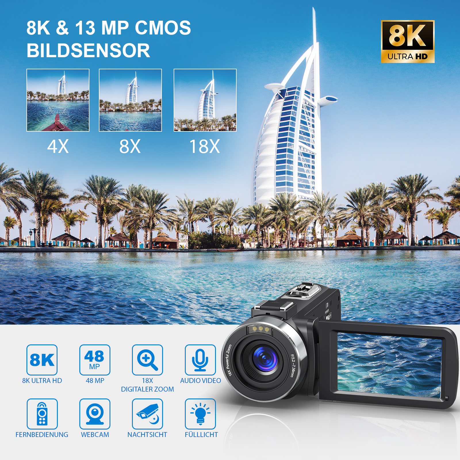 Somikon 8K-UHD-WLAN-Camcorder DV-910.uhd, IPS-Touchdisplay, 48 MP, 18 ...